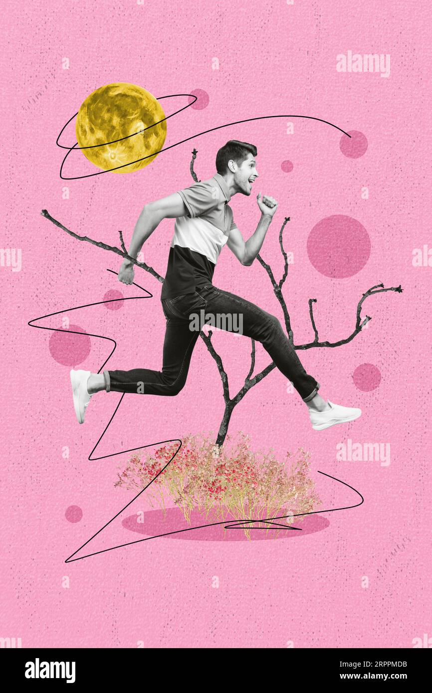 Picture image collage of positive cheerful guy running fast flying air ...
