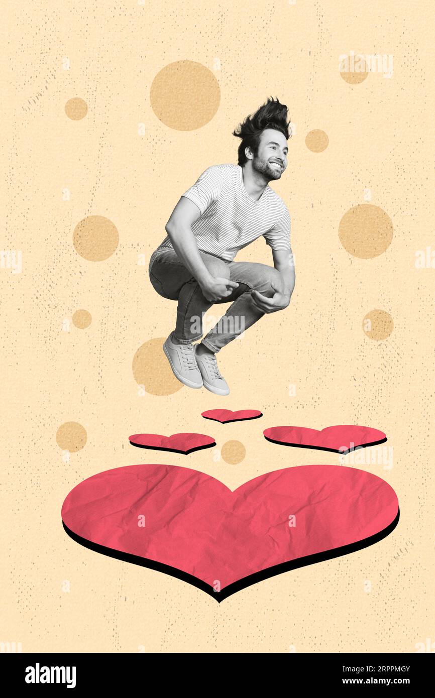 Image poster collage of happy joyful man falling love jumping down red ...