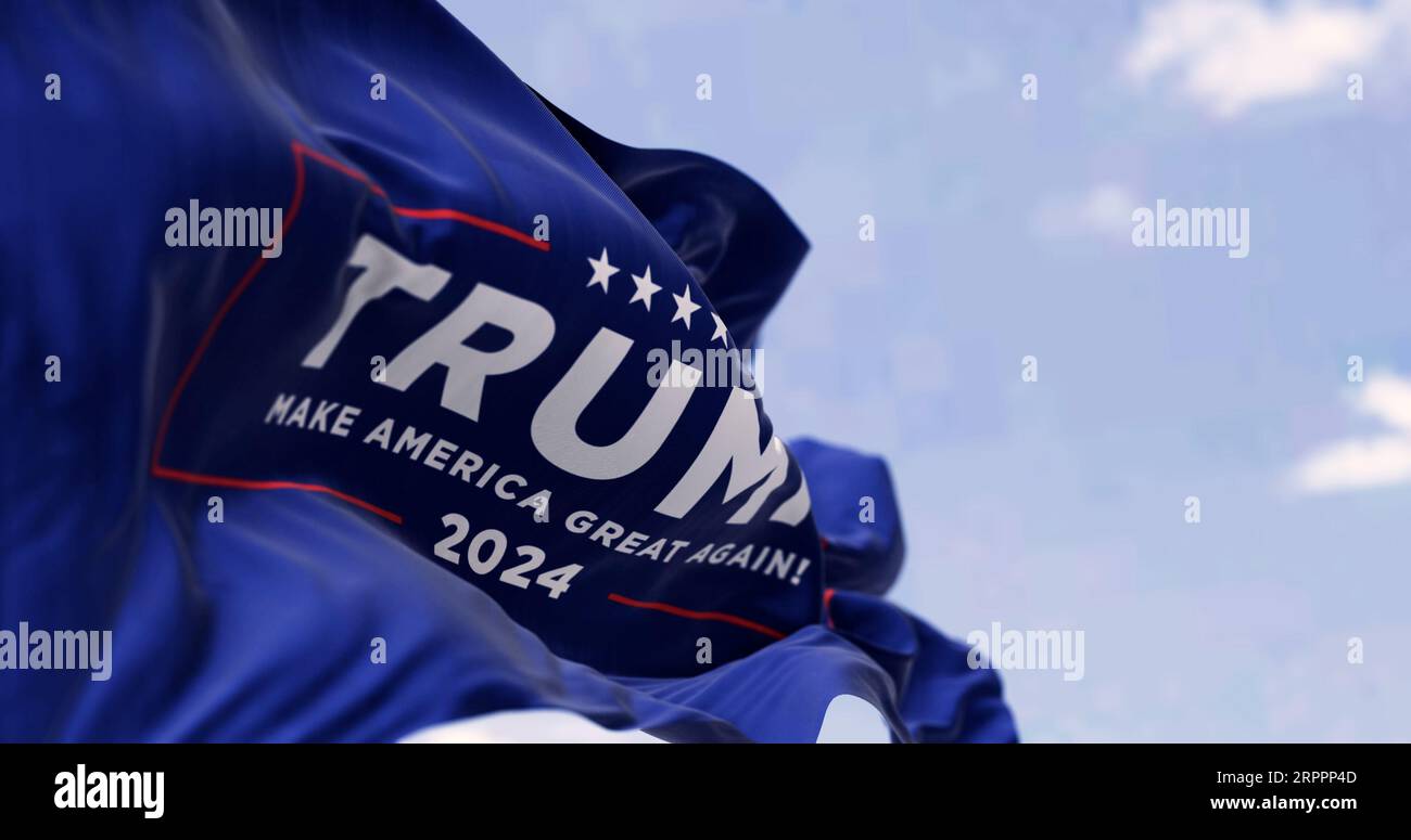 Arlington, US, July 21 2023: Close-up of Donald Trump election campaign ...