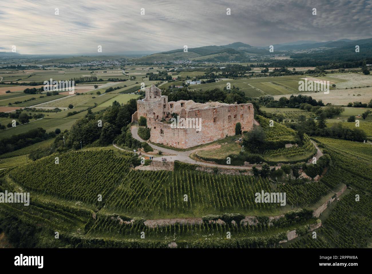 Aerial view of a picturesque medieval castle situated in a scenic ...