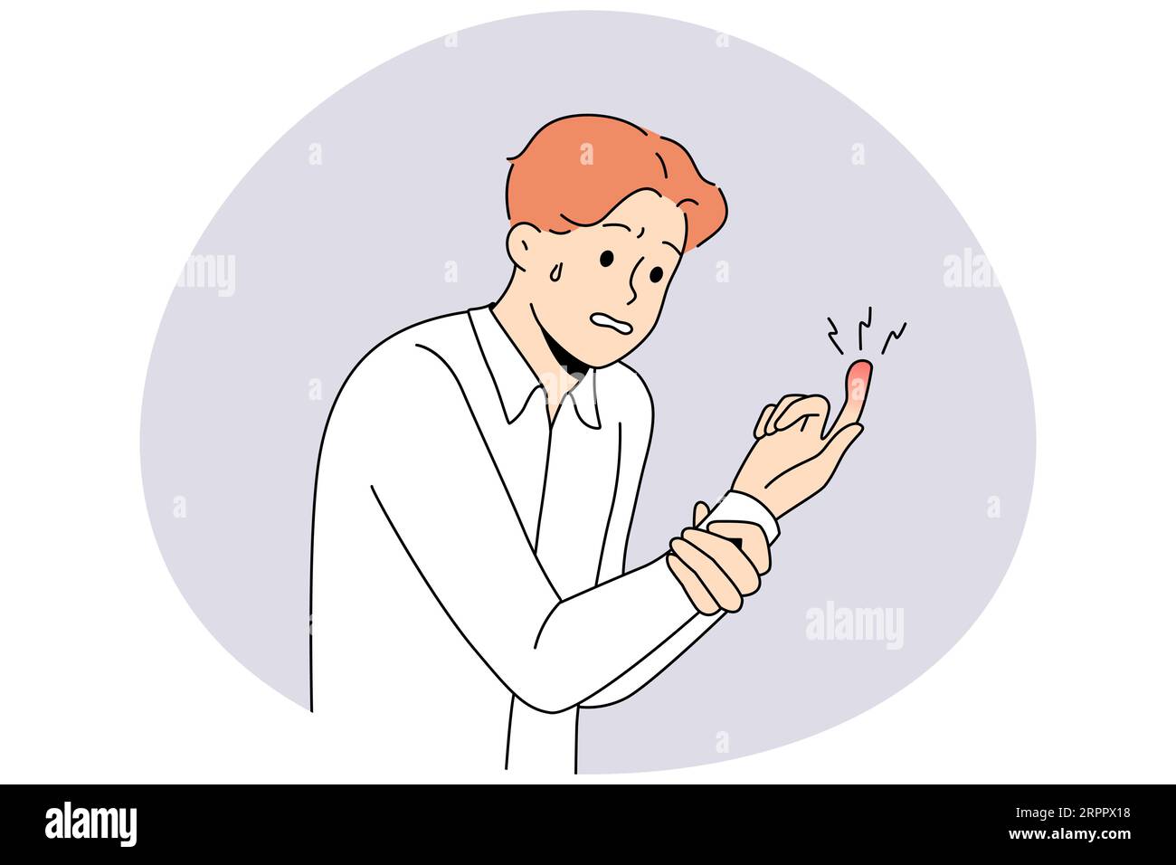 Unhappy man suffer from finger trauma. Unwell guy look at red bruised ...