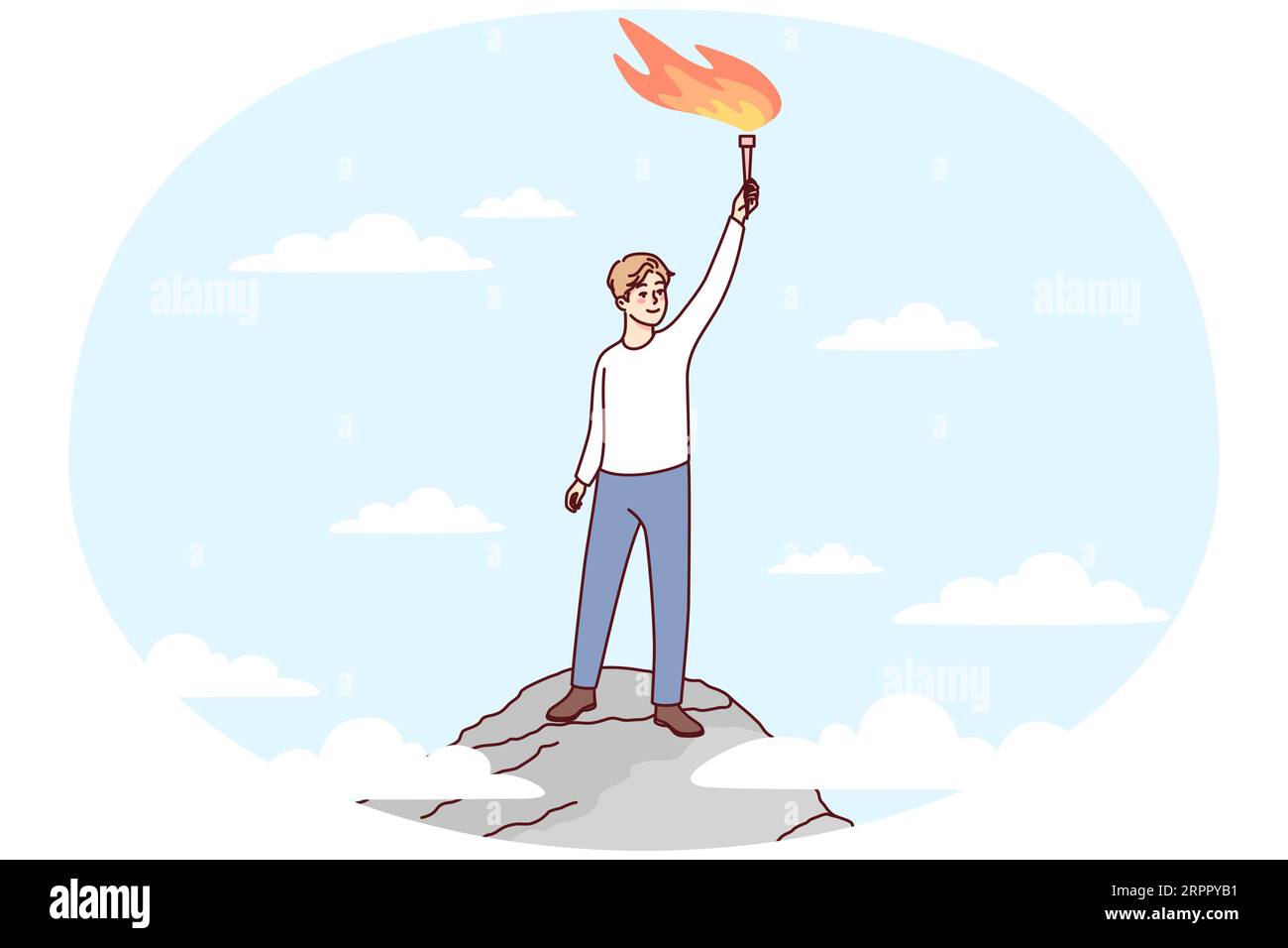 Happy man standing on mountain peak with fire in hands. Smiling ...