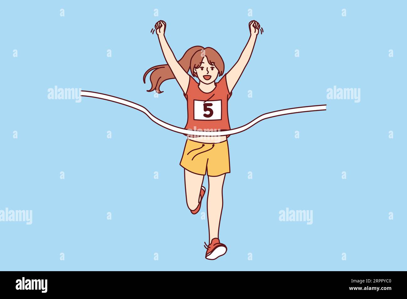 Little girl runner crosses finish line and raises hands up, winning ...