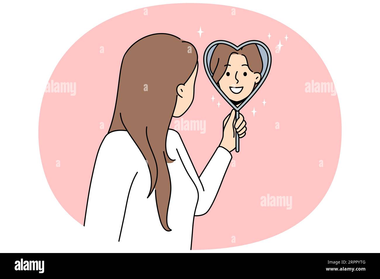 Smiling woman look in heart shaped mirror satisfied with reflection ...