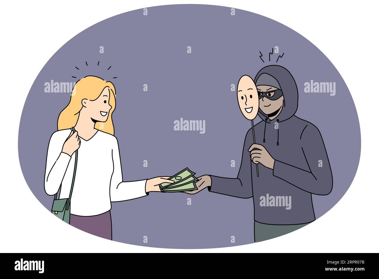 Woman giving money to male scammer in mask. Female pass cash to ...
