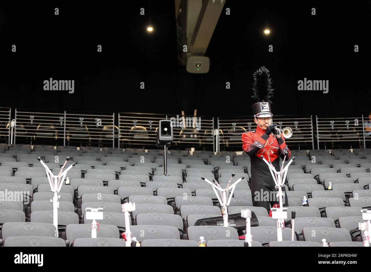 September 02, 2023: A member of the UNLV marching band warms-up prior ...