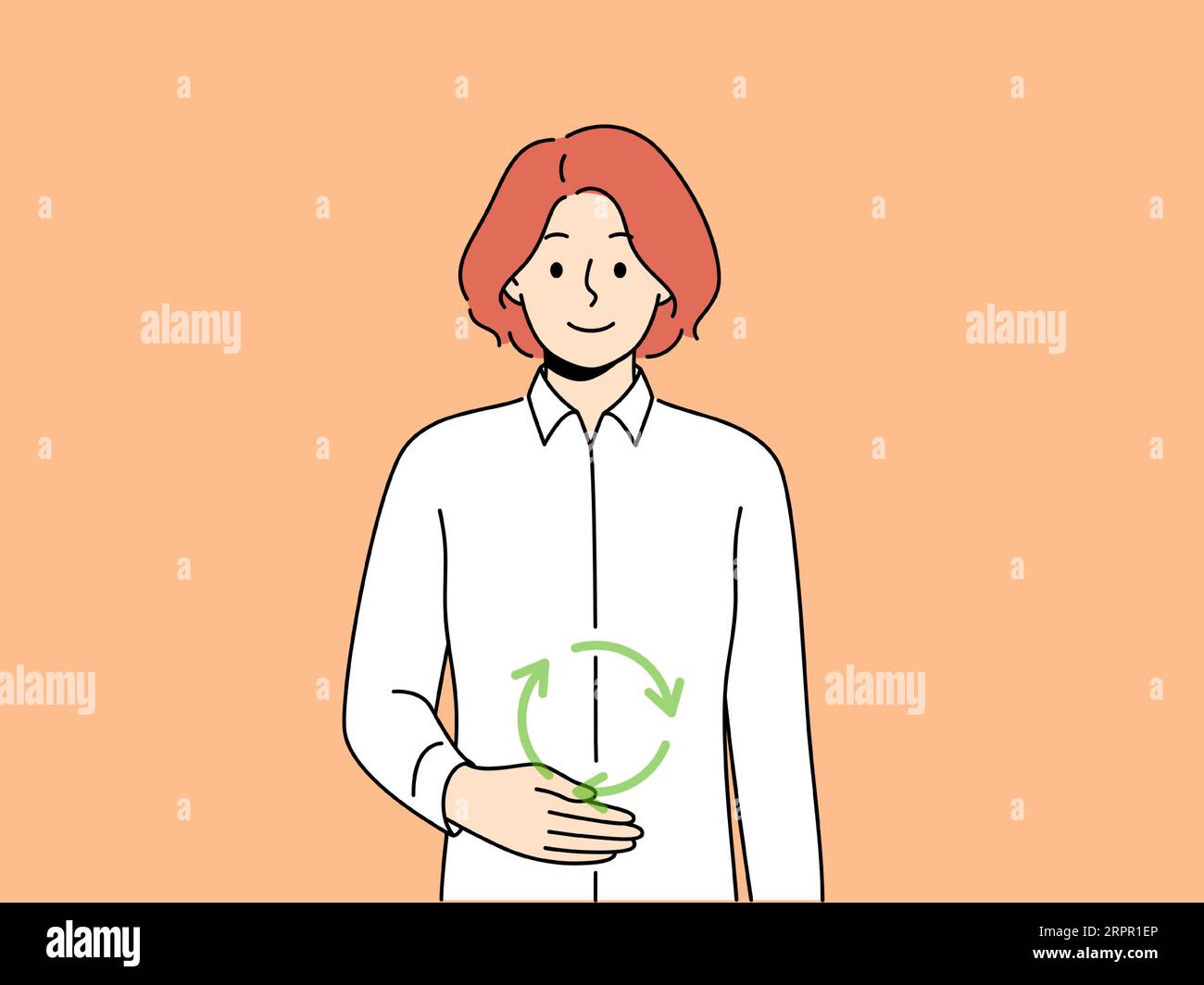 Woman with symbol of digestion near stomach, smiling and looking at ...