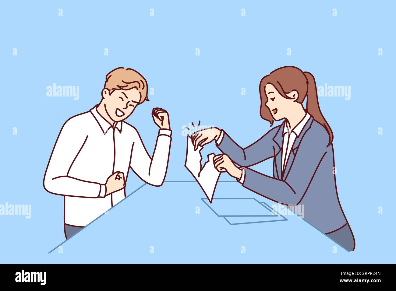 Man rejoices at completion contract, sitting near business woman ...