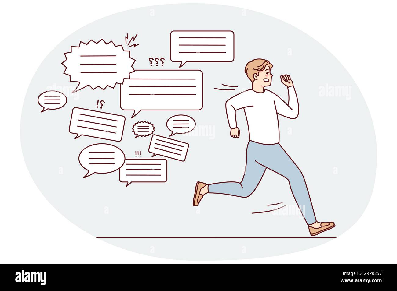 Unhappy stressed man running from messages and text notices. Anxious ...