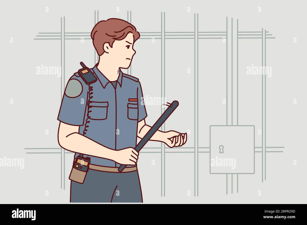 Strict man prison guard with rubber club in hand walks near cell for ...