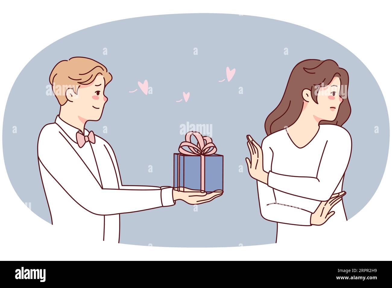 Young woman reject loving man making present. Female say no to guy in ...