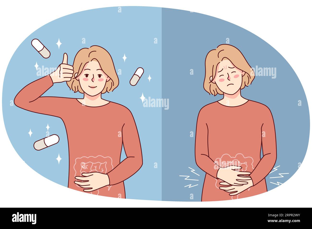 Unhealthy woman suffer from stomachache and feel better after pill ...