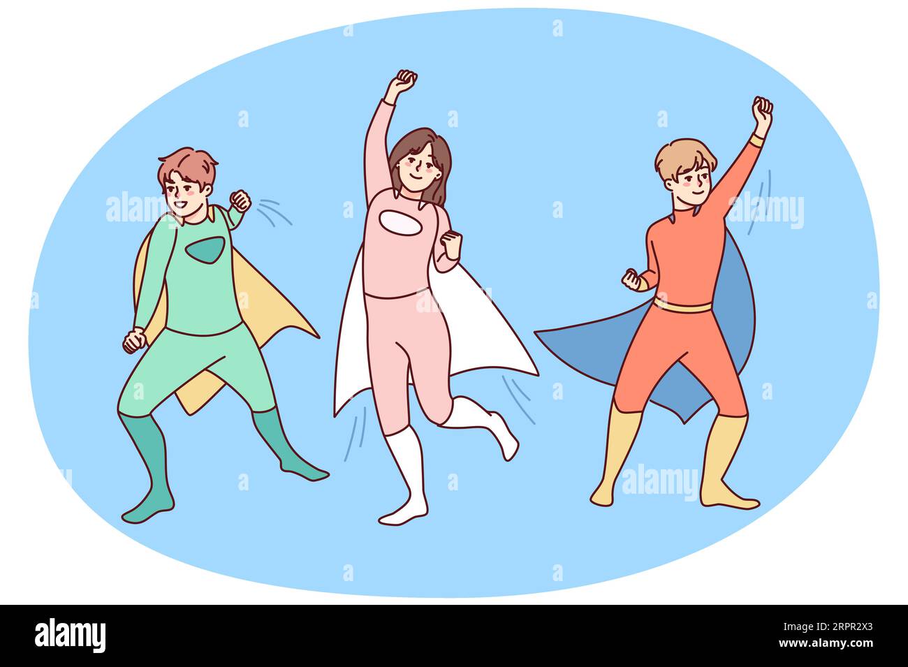 Happy children in superheroes costumer playing together outside ...