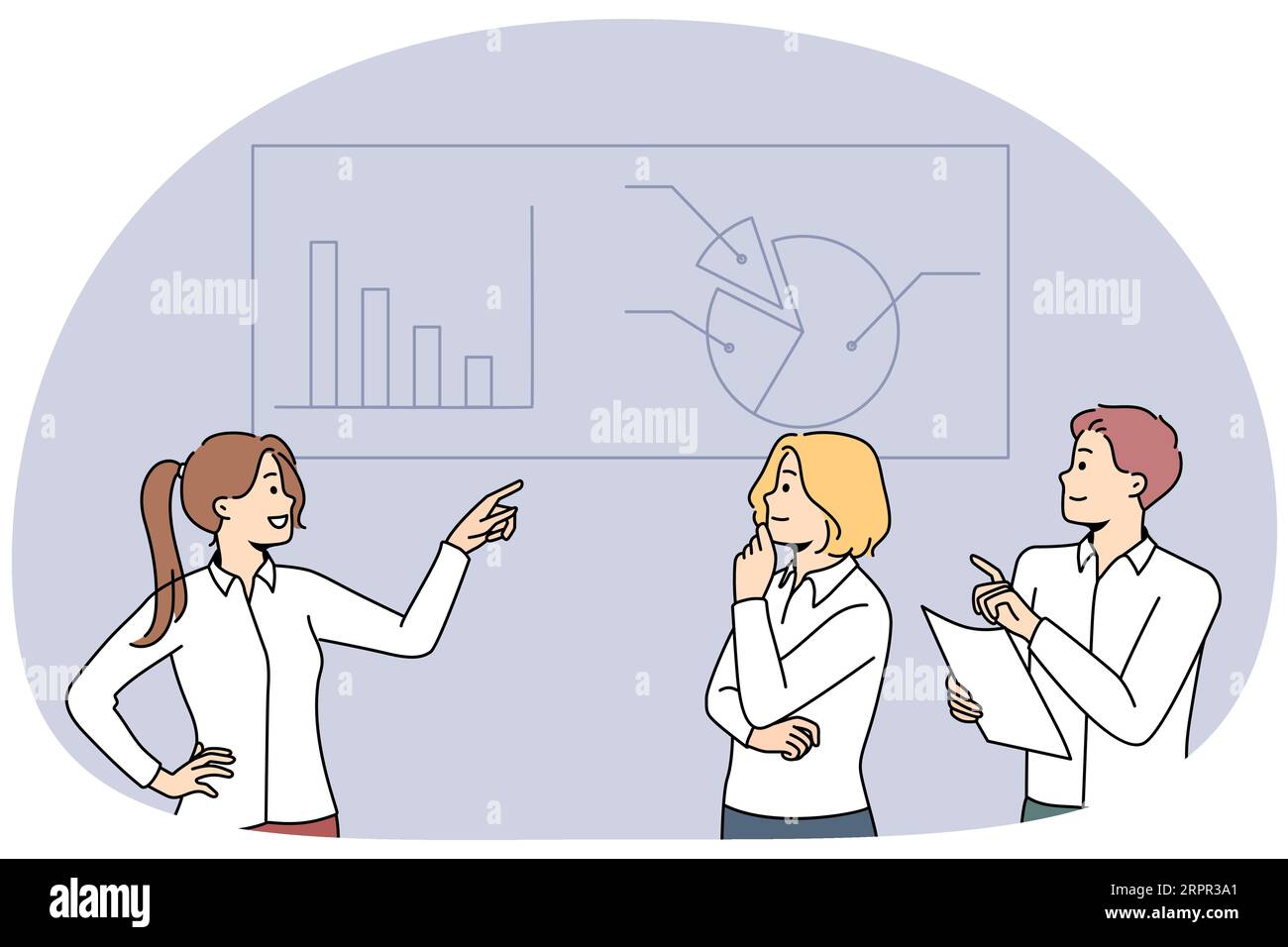Businesspeople brainstorm discuss financial graphs together in office ...