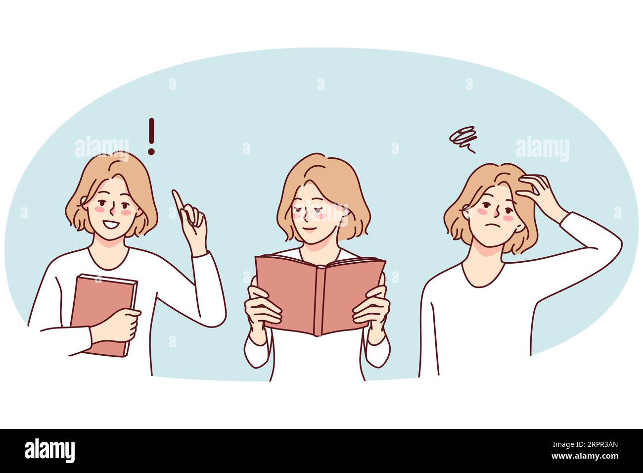 Confused woman have question head, read book and get answer. Smart girl ...