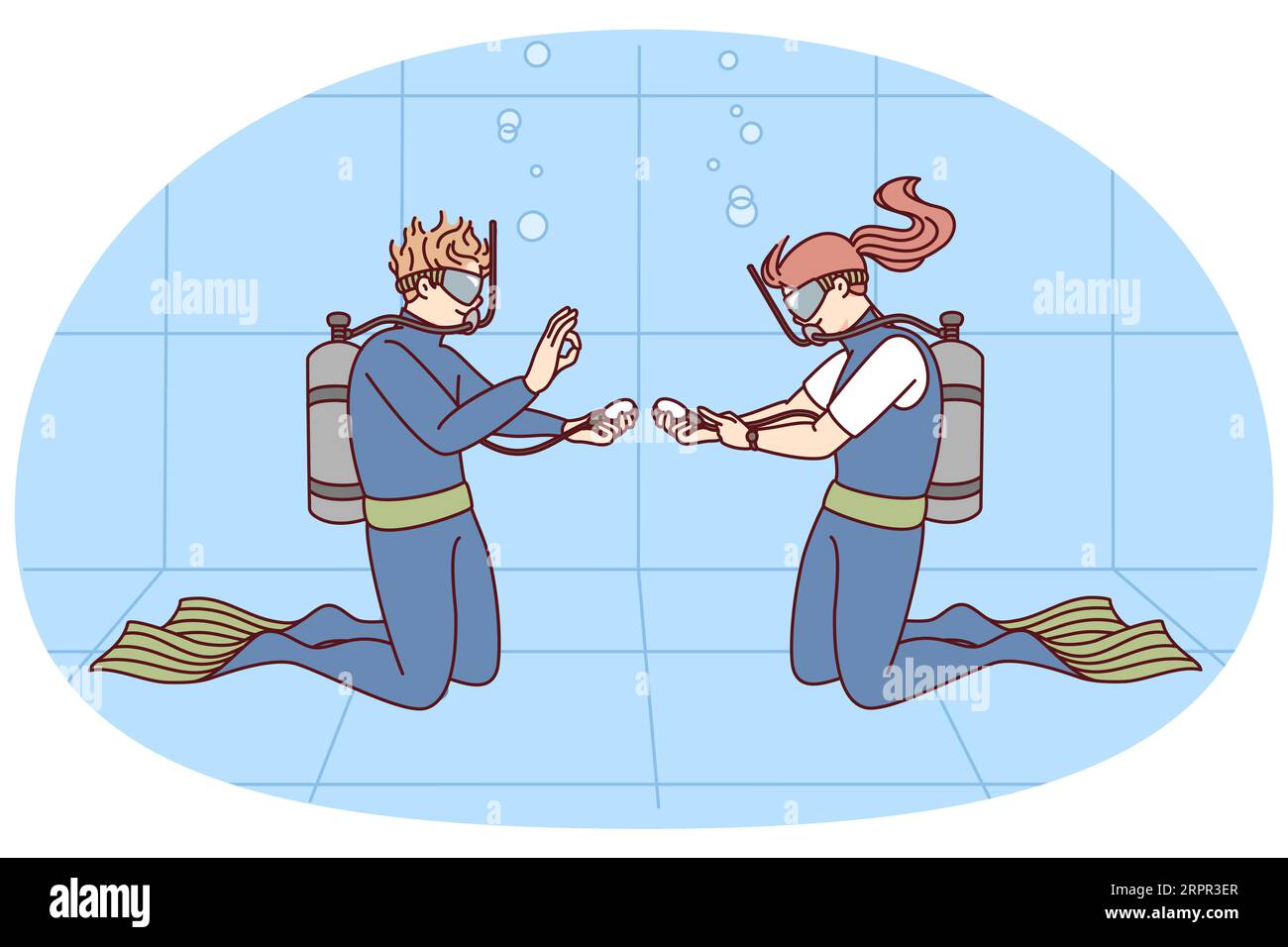 Divers in uniform in swimming pool. Man and woman diving underwater ...