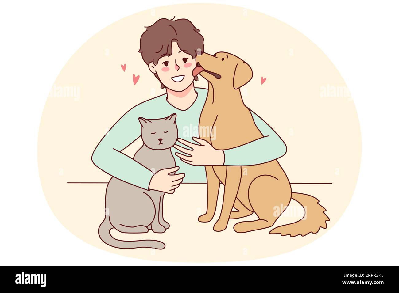 Happy man with cat and dog showing love and care. Smiling guy with pets ...