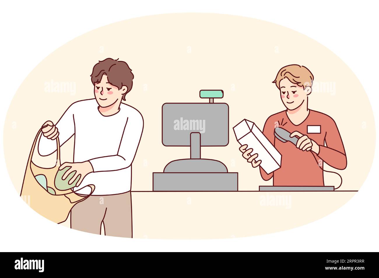 Man buying groceries in supermarket. Cashier beep sell products to male ...