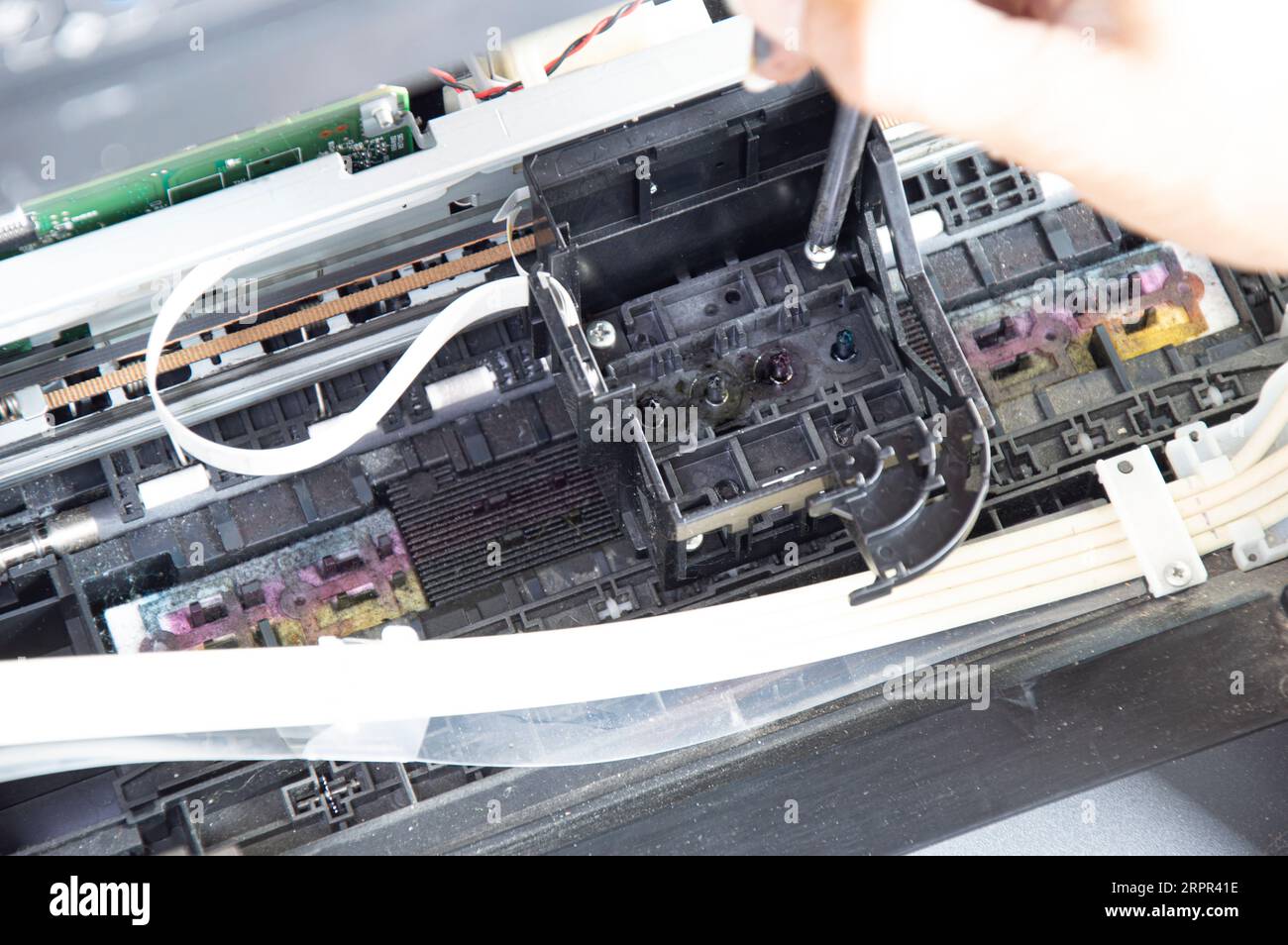top view, mechanic fixing printer, fixing printhead Stock Photo - Alamy