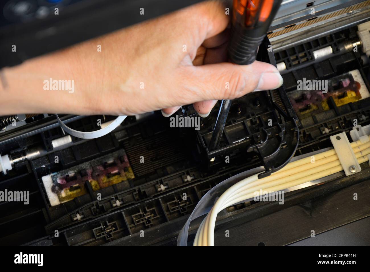 top view, mechanic fixing printer, fixing printhead Stock Photo - Alamy