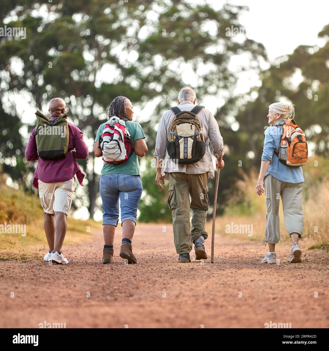 Rear View Of Active Senior Friends Enjoying Hiking Through Countryside ...