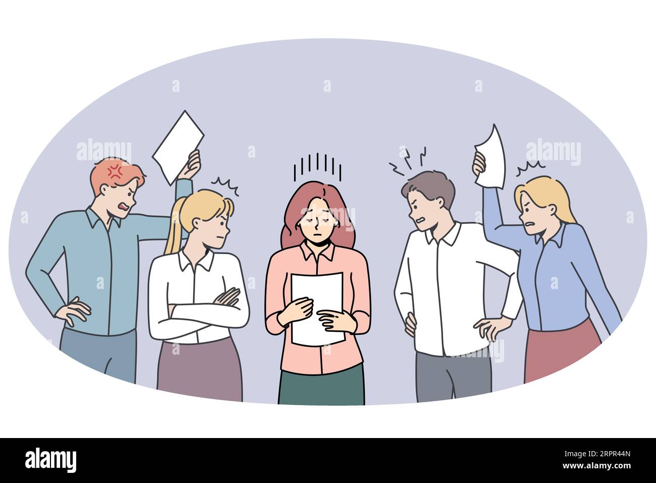 Stressed exhausted businesswoman among unhappy demanding colleagues in ...