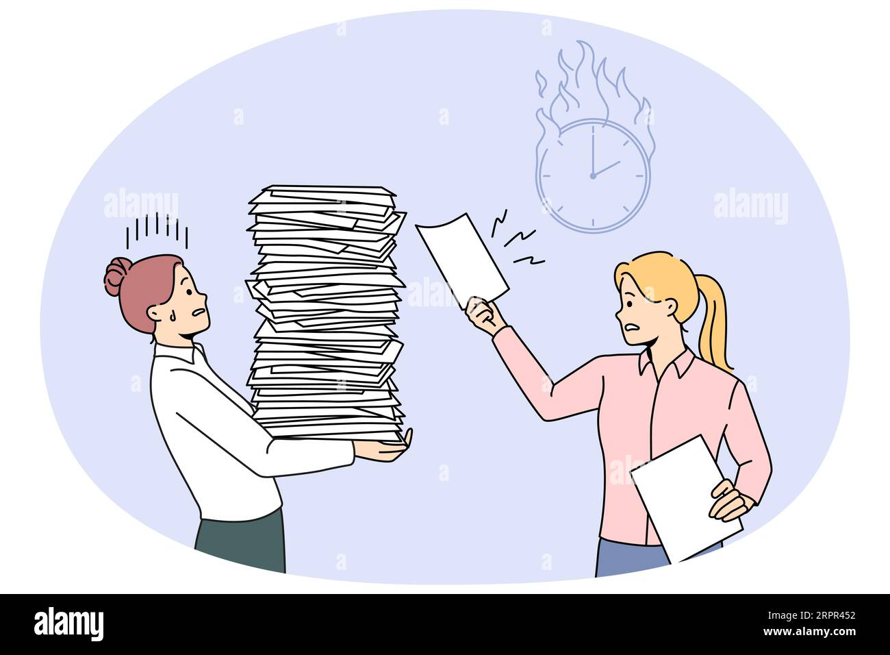 Businesswoman give more work to stressed female employee with stack of ...