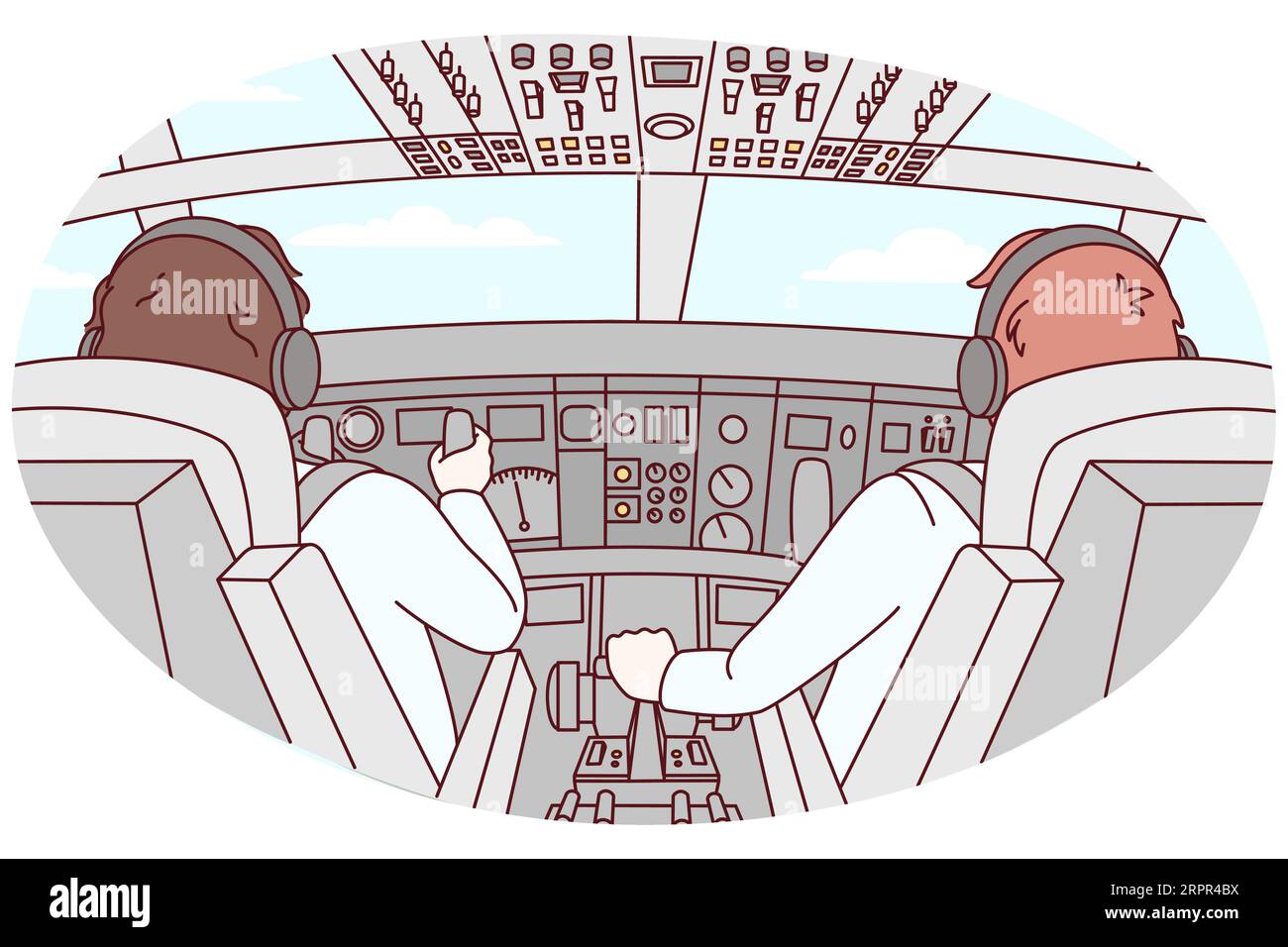 Pilots in cabin of airplane during flight. Aircraft crew in front of ...