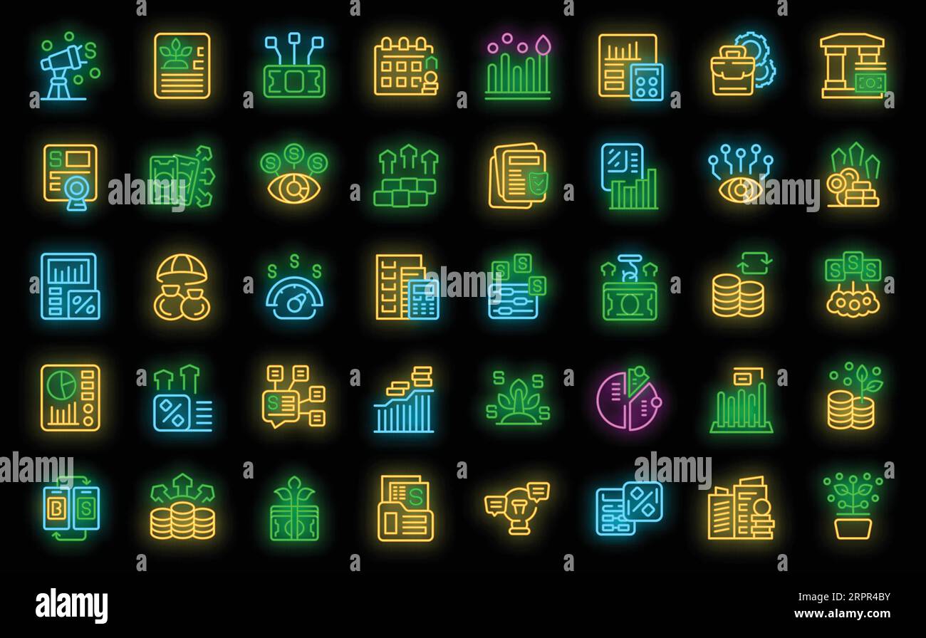 Investing money icons set outline vector. Market bank. Loan jar neon ...
