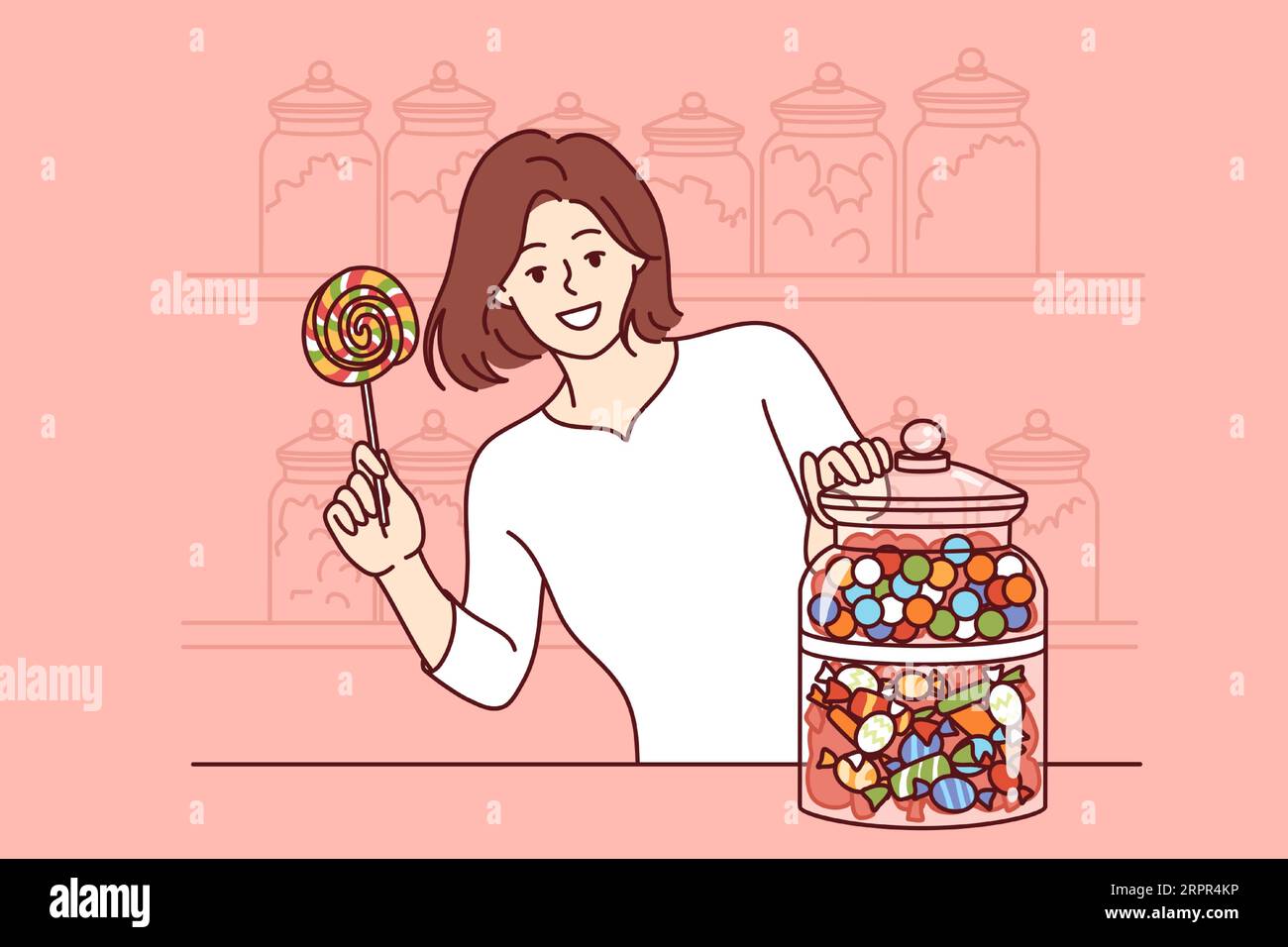 Woman buys lollipops standing at counter in sweet treat store offering ...