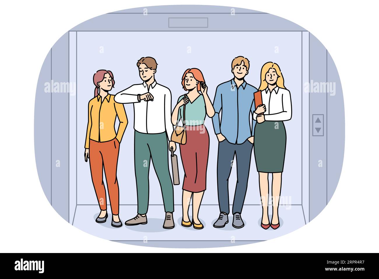 Businesspeople sanding in elevator together. Employees or colleagues ...