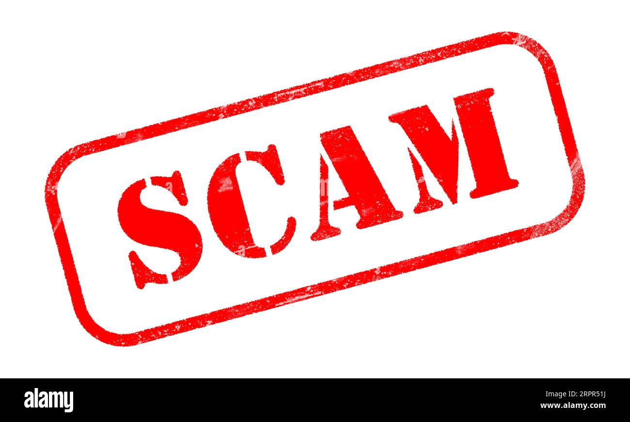 SCAM red rubber worn out stamp text on white background Stock Photo - Alamy