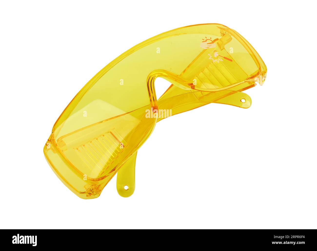 Yellow plastic protective work glasses isolated on a white background ...