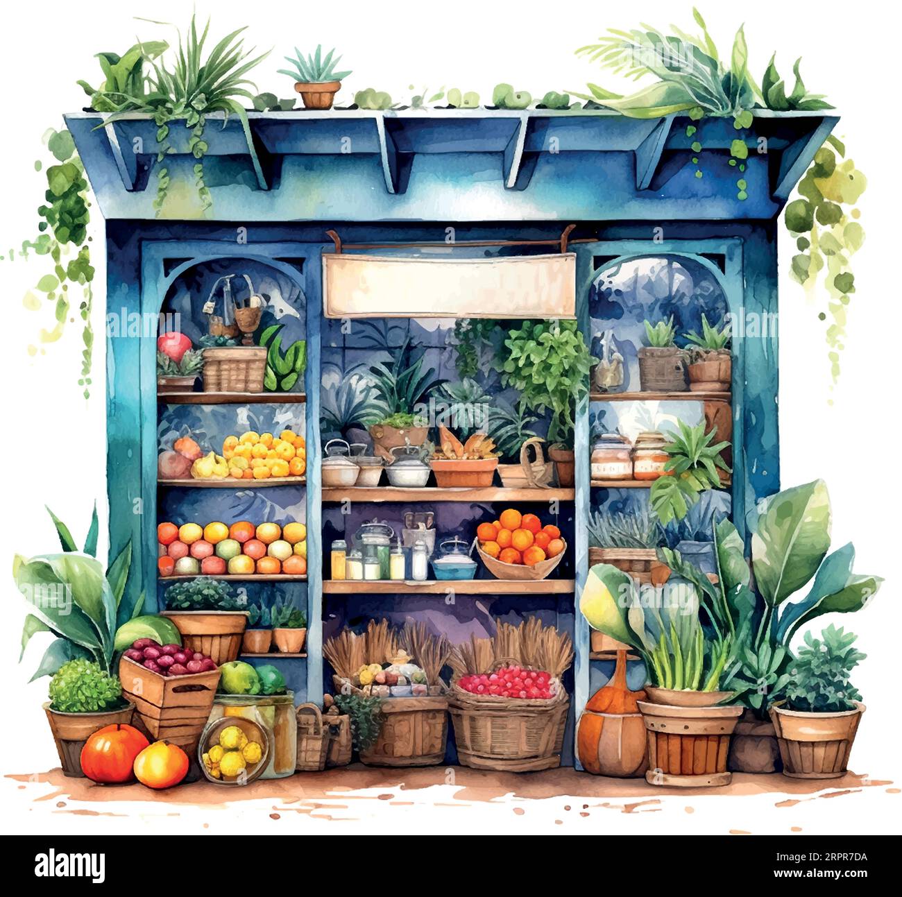 Organic green shop watercolor in cartoon style on white background ...