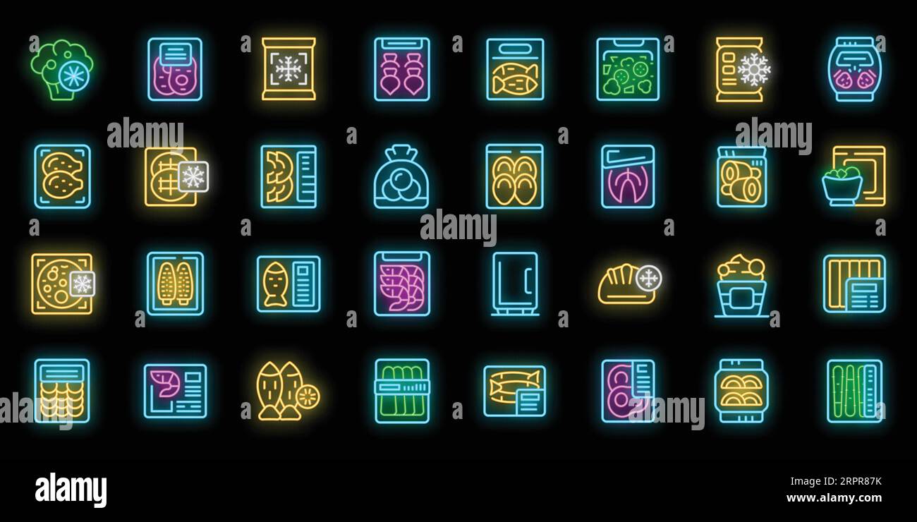 Frozen food icons set outline vector. Bag meat. Product plastic neon ...