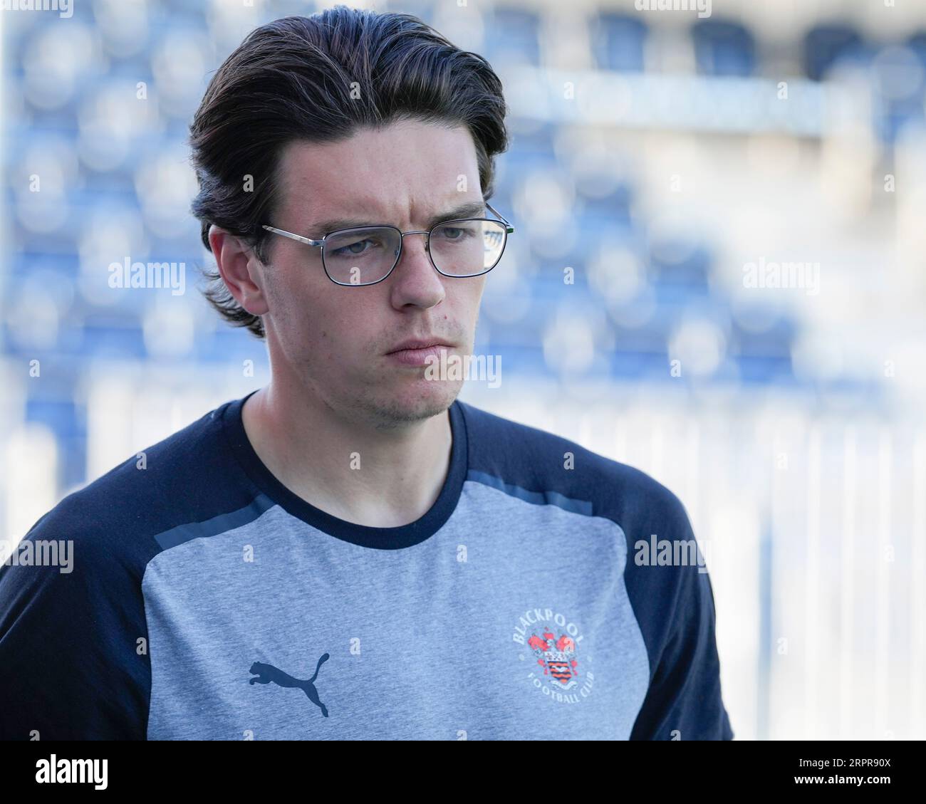 Doug Tharme #33 of Blackpool arrives at the stadium before before the ...