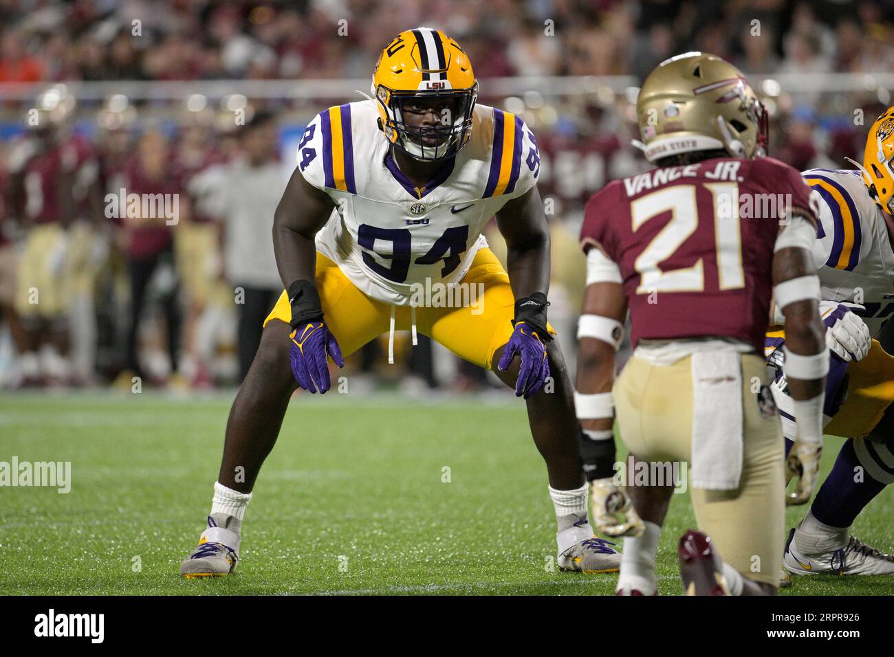 LSU defensive end Paris Shand (94) sets up to block on an extra point ...