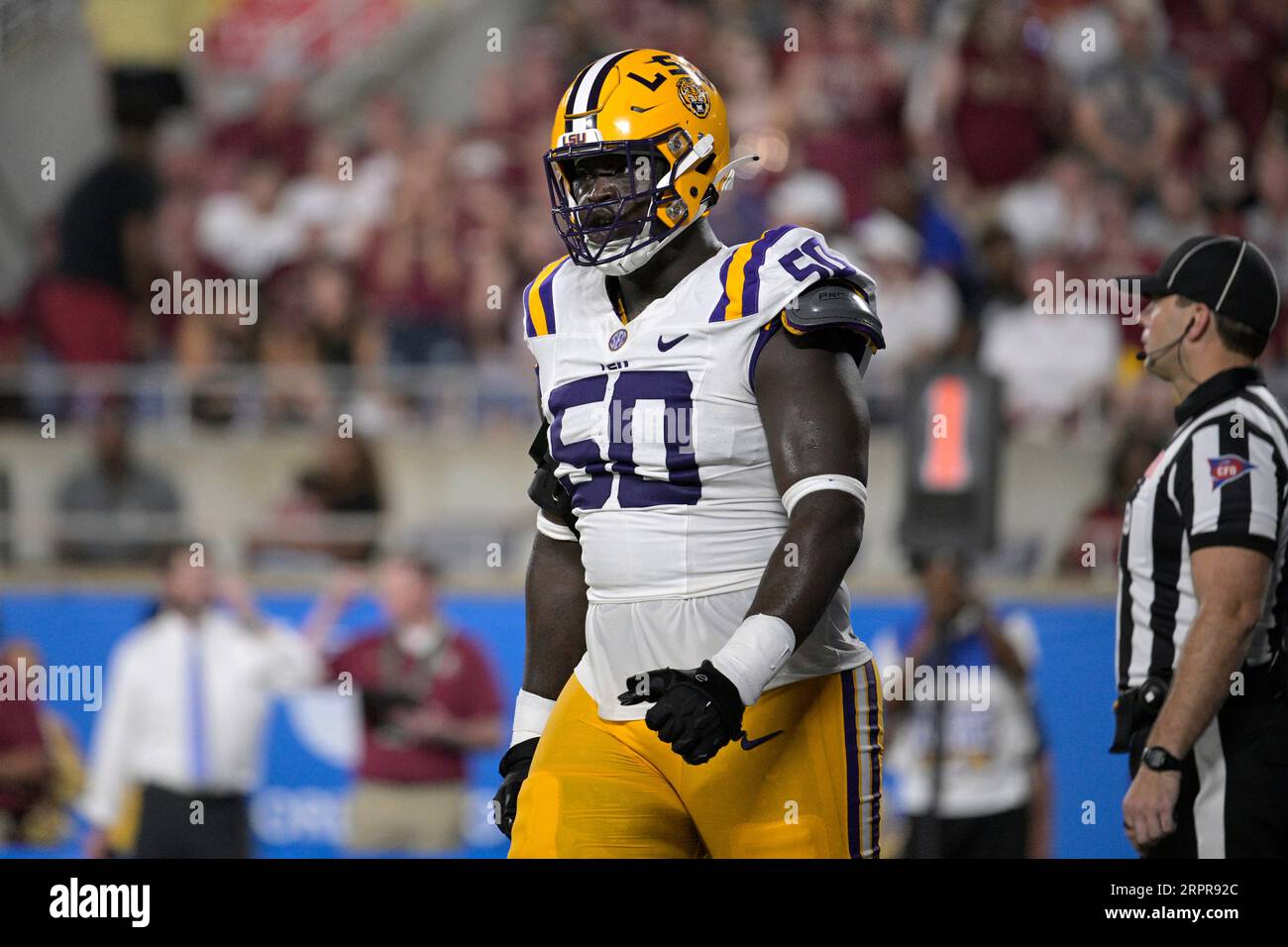LSU offensive lineman Emery Jones Jr. (50) heads to the sideline after ...