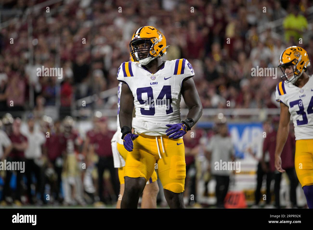 LSU defensive end Paris Shand (94) heads to the sideline after an extra ...