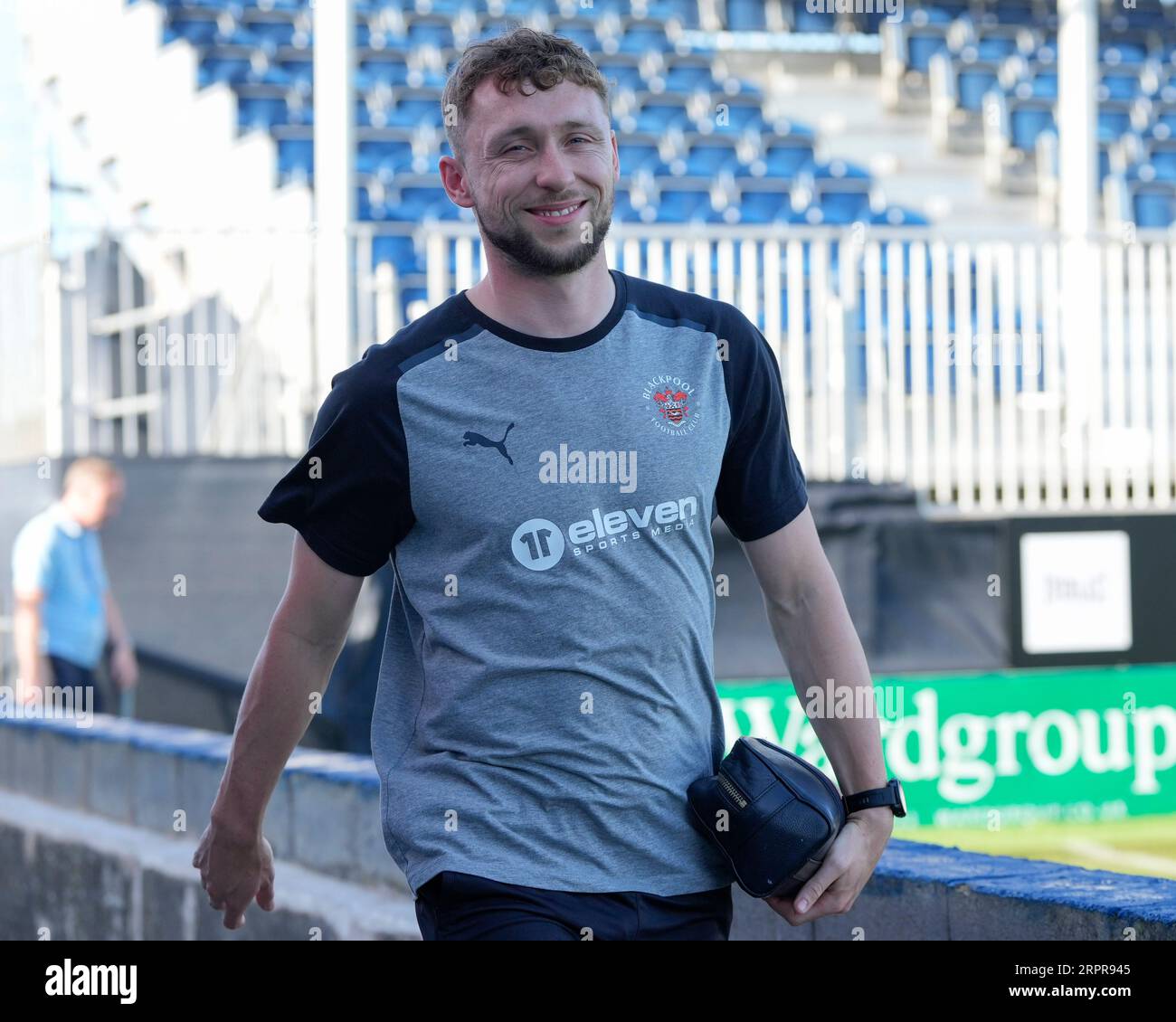 Matthew Pennington #5 of Blackpool arrives at the stadium before before ...