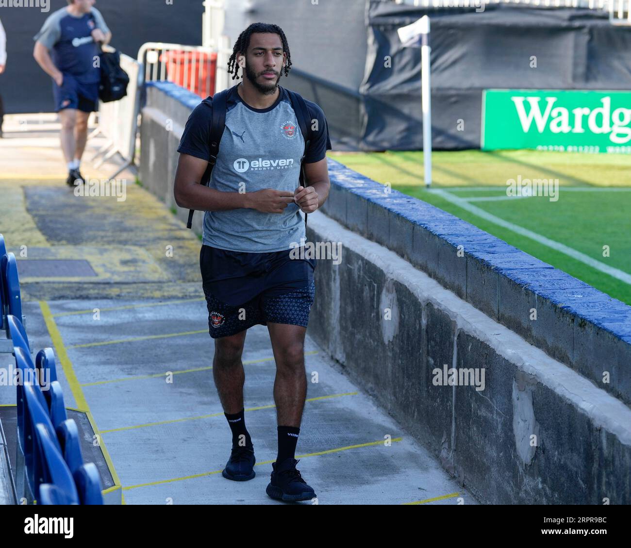 Dominic Thompson #23 of Blackpool arrives at the stadium before before ...