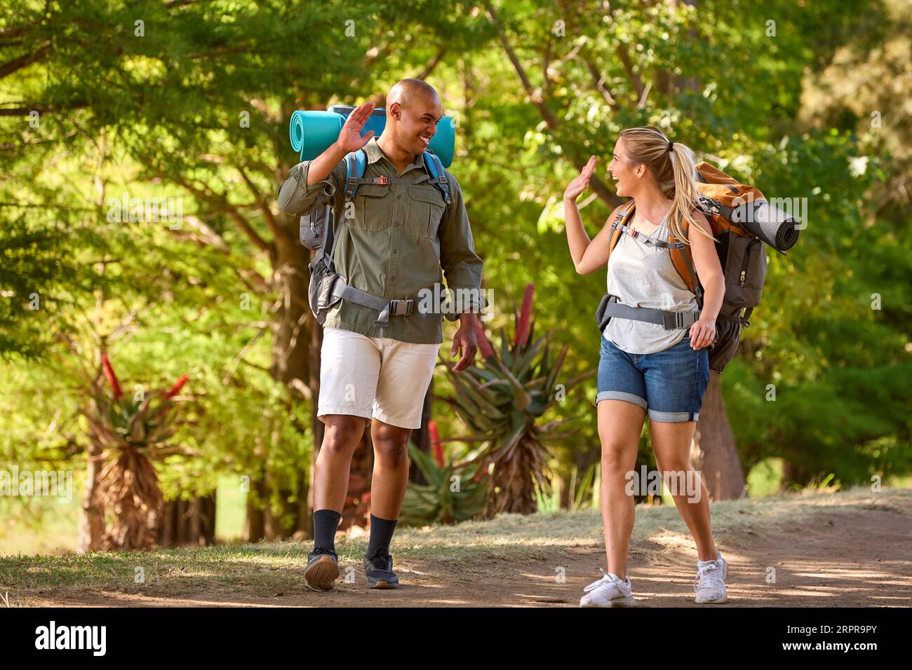 Couple With Backpacks Giving Each Other High Five On Vacation Hiking ...