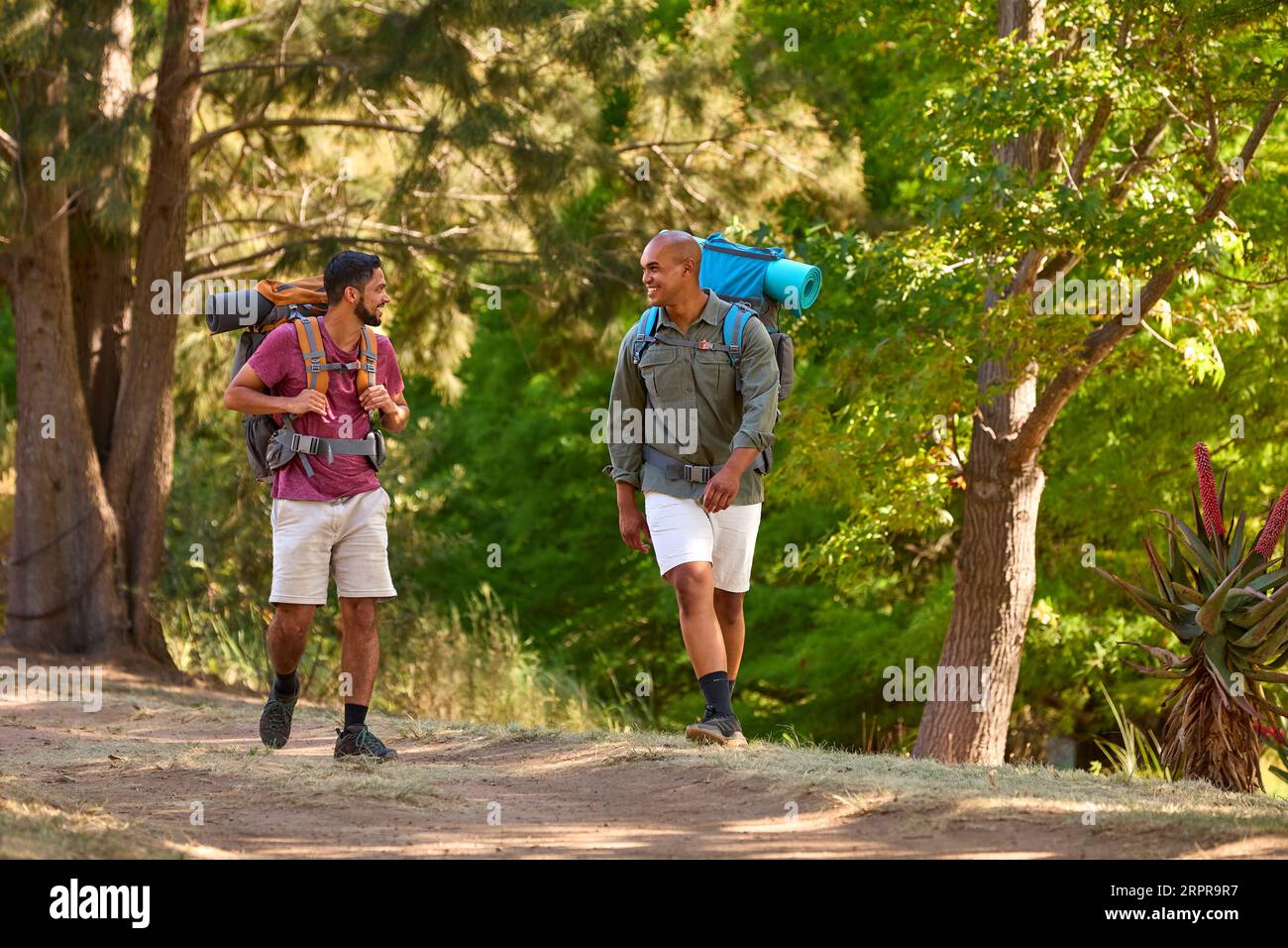 Two Male Friends With Backpacks On Vacation Hiking Through Countryside ...