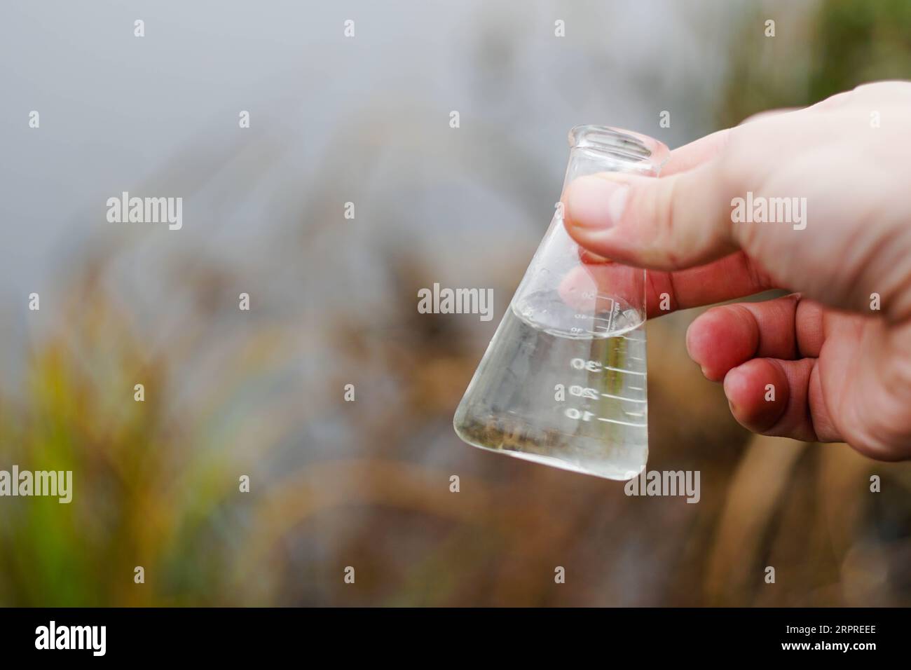 Inspector holding a chemical flask with river water. Water testing for ...