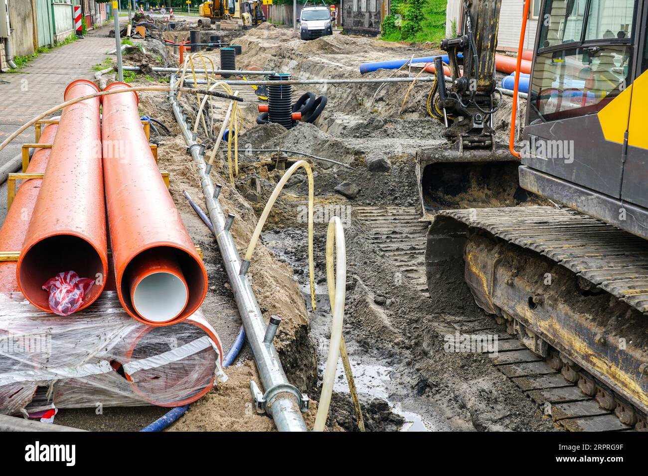 Street reconstruction view, deep and wide trench, replaced underground ...