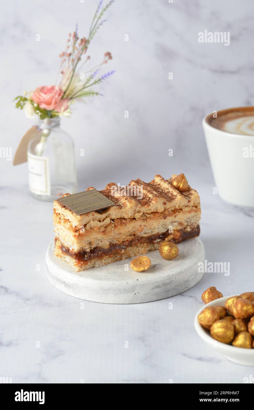 Caramel and Hazelnut Cake, Dacquoise Cake on Bright Background, Tasty ...
