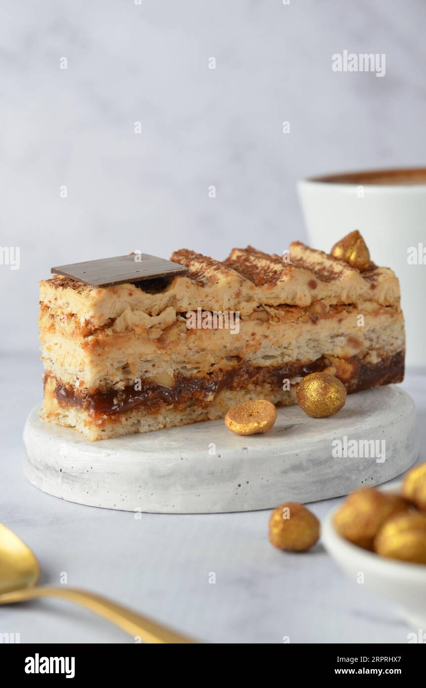 Caramel and Hazelnut Cake, Dacquoise Cake on Bright Background, Tasty ...