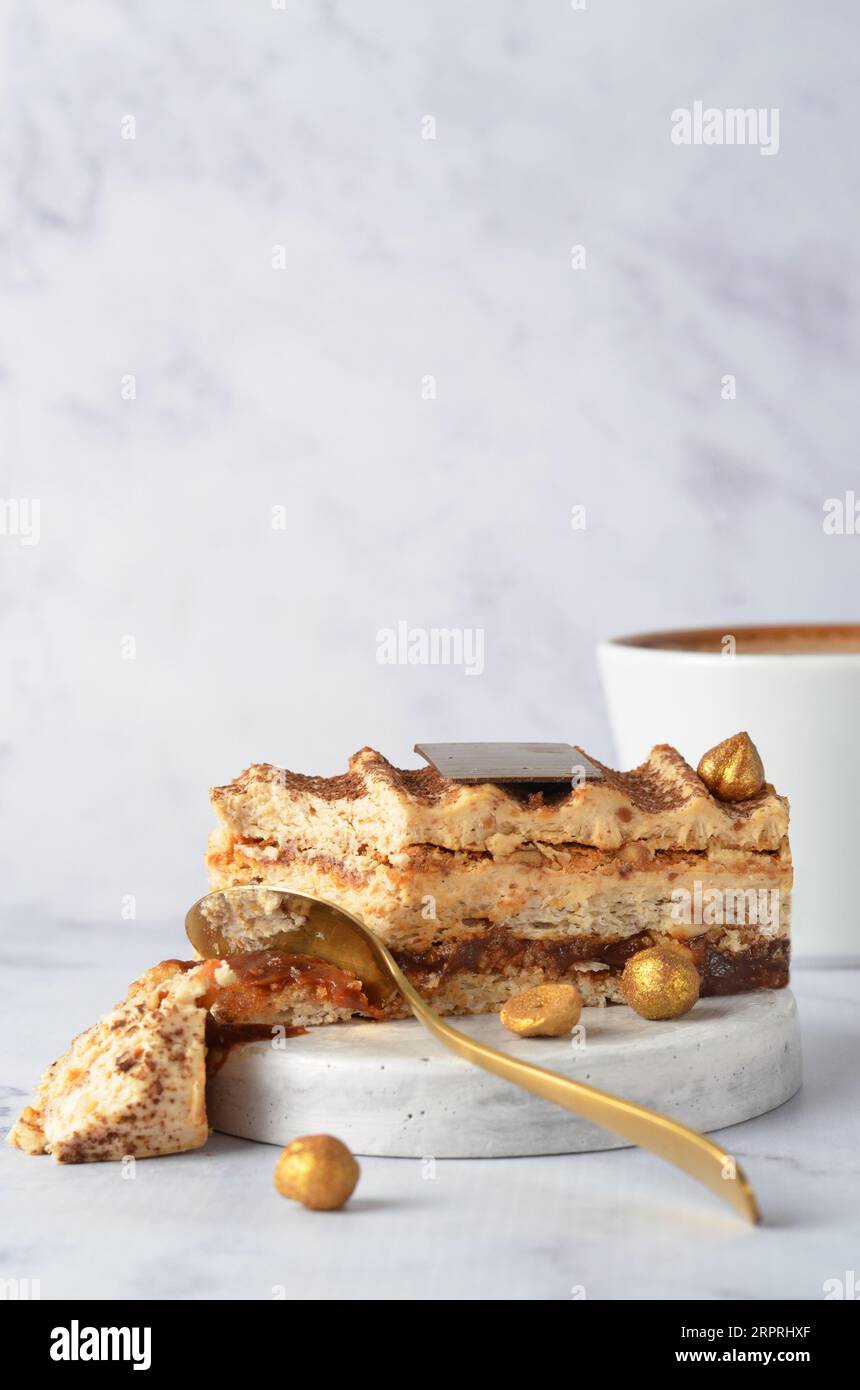 Caramel and Hazelnut Cake, Dacquoise Cake on Bright Background, Tasty ...
