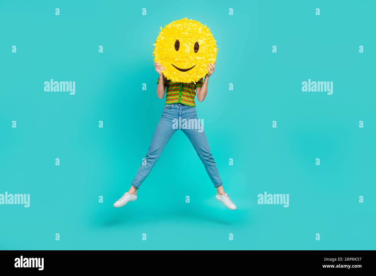 Full body portrait of carefree crazy lady jumping arms hold big smiley ...