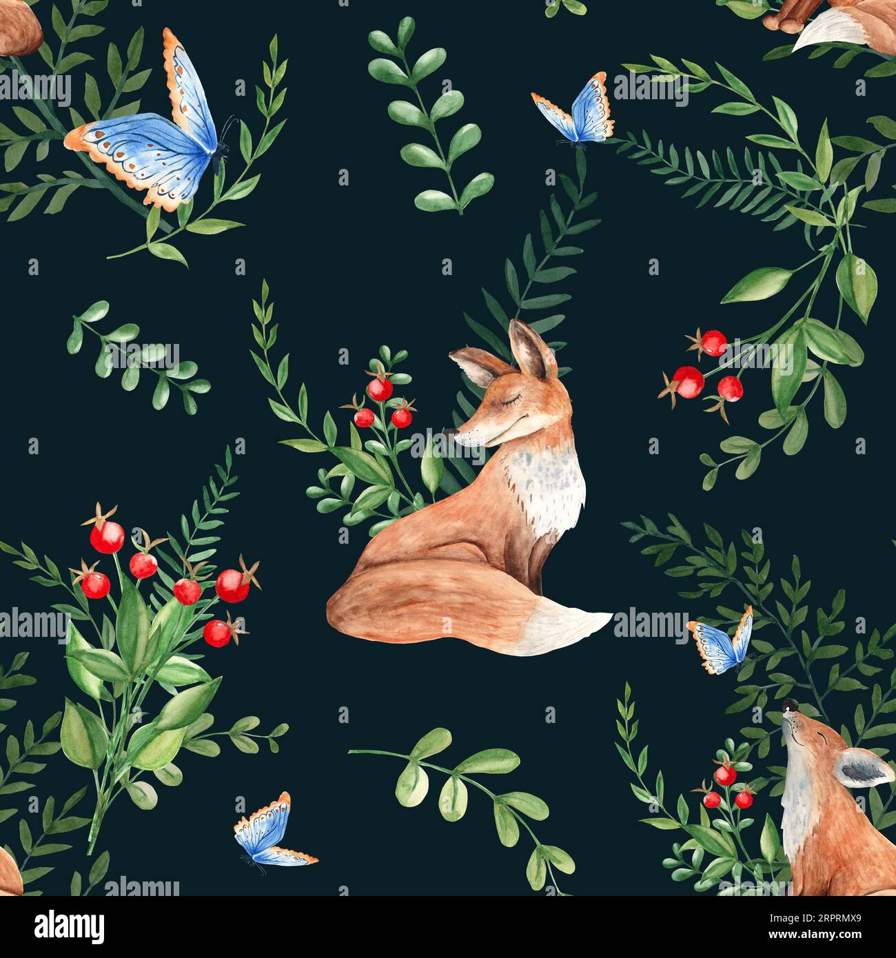Seamless watercolor pattern with mother and baby fox, green leaves and ...